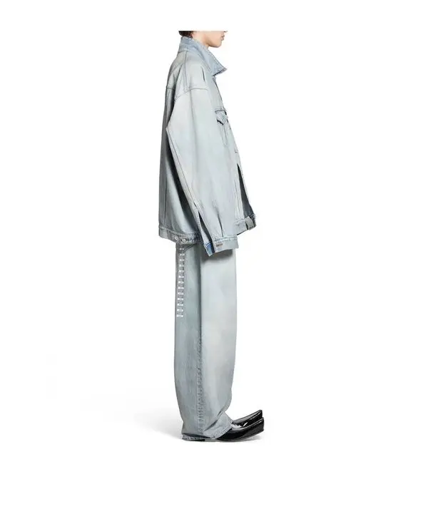 Balenciaga Distressed Denim Jacket With Carved Elastic Buttons - Light Blue