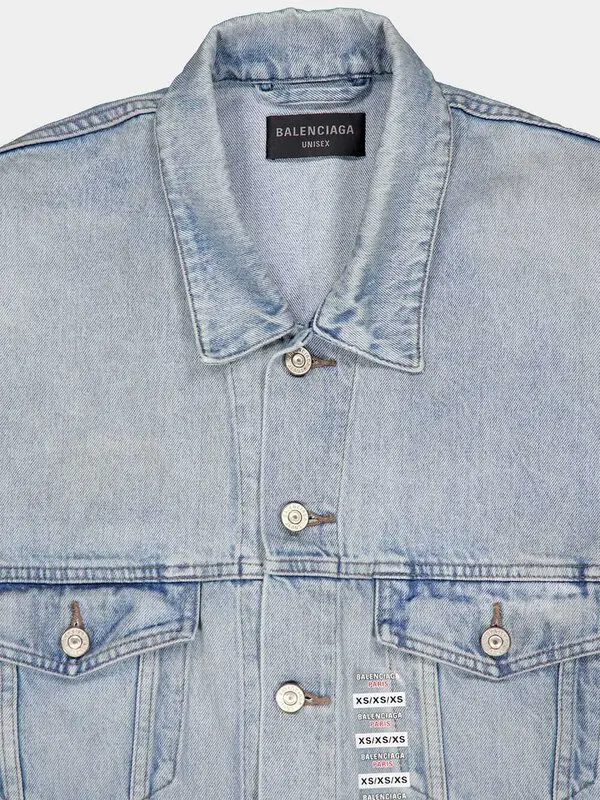 Balenciaga Distressed Denim Jacket With Carved Elastic Buttons - Light Blue