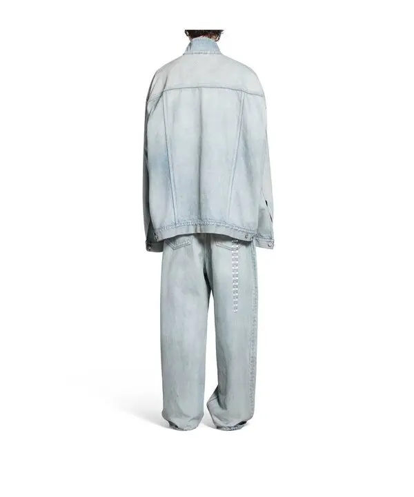 Balenciaga Distressed Denim Jacket With Carved Elastic Buttons - Light Blue