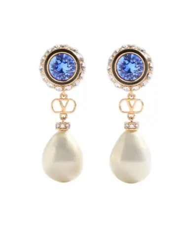Valentino Garavani Vlogo Signature Earrings In Metal, Enamel, Pearls And Crystals - Yellow