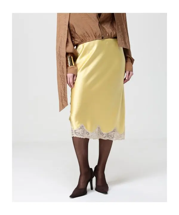 Saint Laurent Lace Trim Satin Midi Skirt - Yellow