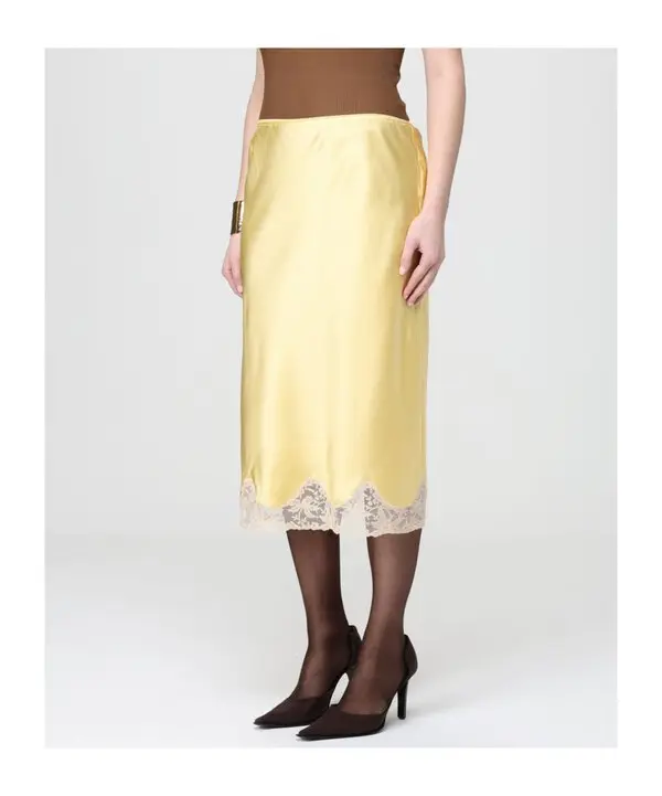 Saint Laurent Lace Trim Satin Midi Skirt - Yellow