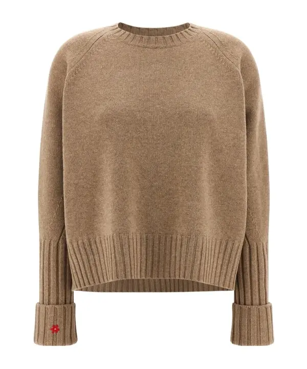 Tory Burch Crewneck Knitted Jumper With Embroidered Side Slits - Brown