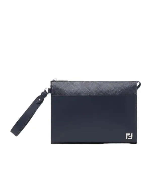 Fendi Logo Plaque Zipped Clutch Bag - Midnight Blue And Dark Blue