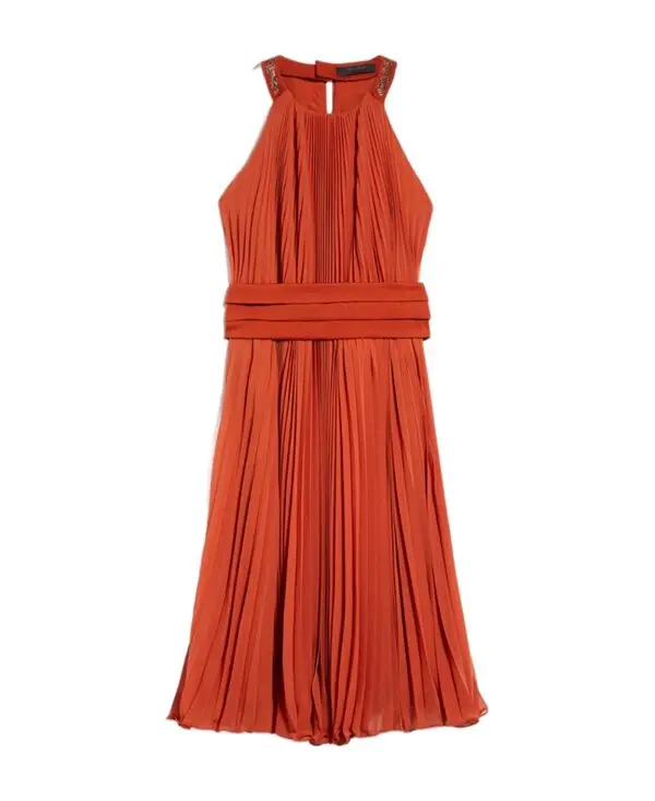 Max Mara Pleated Halter Neck Dress With Crystal Embellished Straps