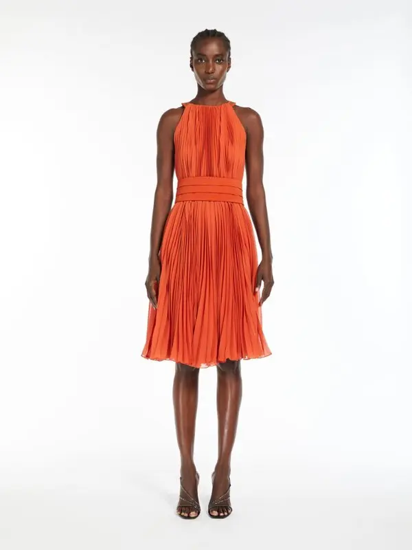Max Mara Pleated Halter Neck Dress With Crystal Embellished Straps