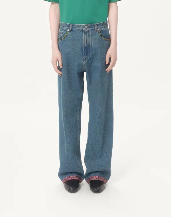 Valentino Garavani Denim Trousers With Printed Border