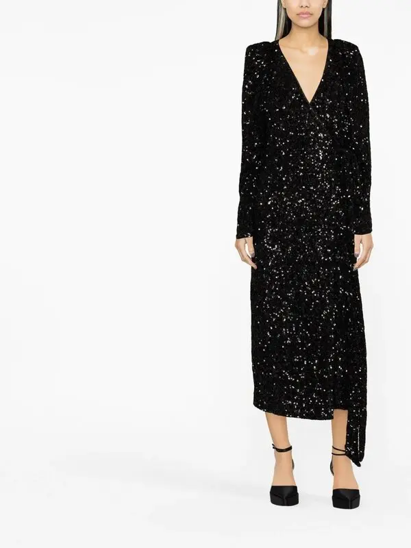 ROTATE BY BIRGER CHRISTENSEN Sequined V-neck Long-sleeve Maxi Dress