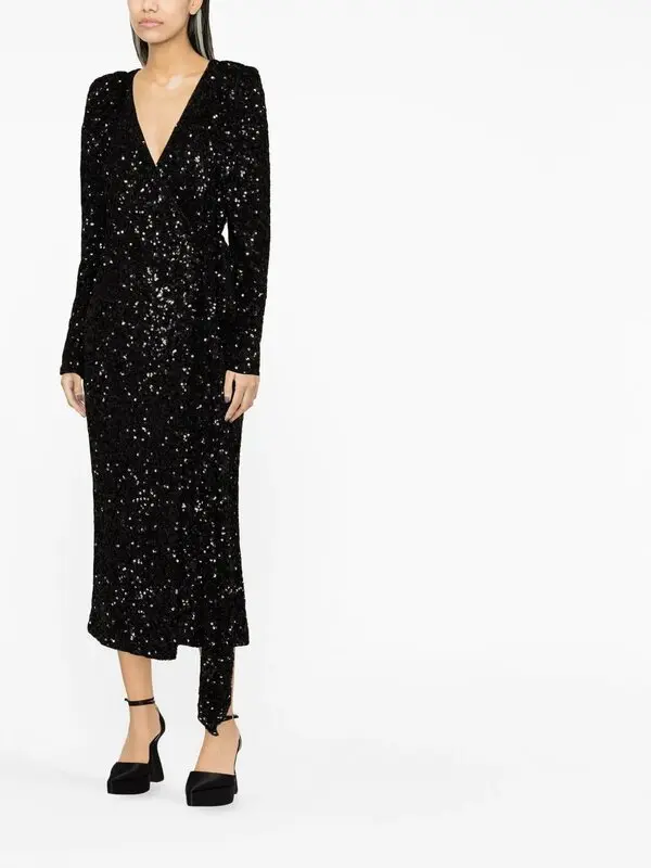 ROTATE BY BIRGER CHRISTENSEN Sequined V-neck Long-sleeve Maxi Dress