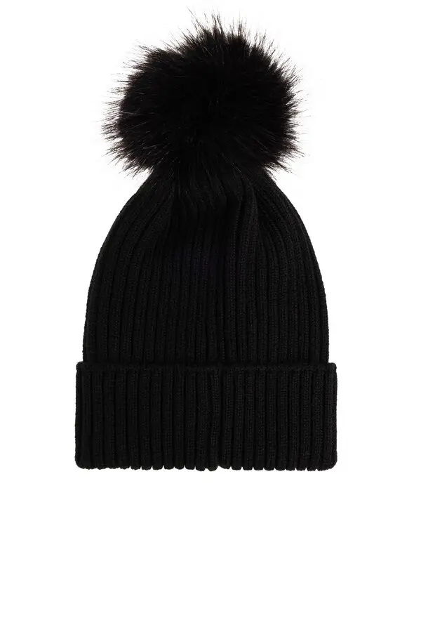 Moncler Logo Patch Pom Pom Beanie - Black