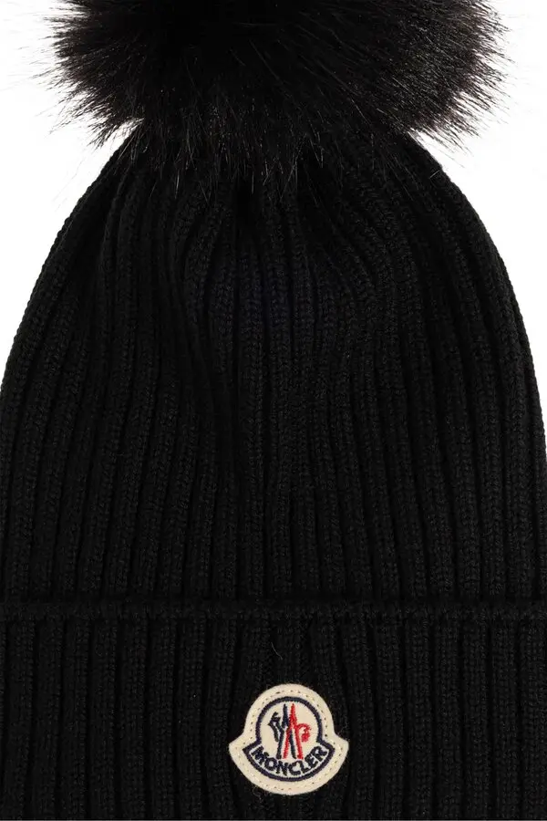 Moncler Logo Patch Pom Pom Beanie - Black