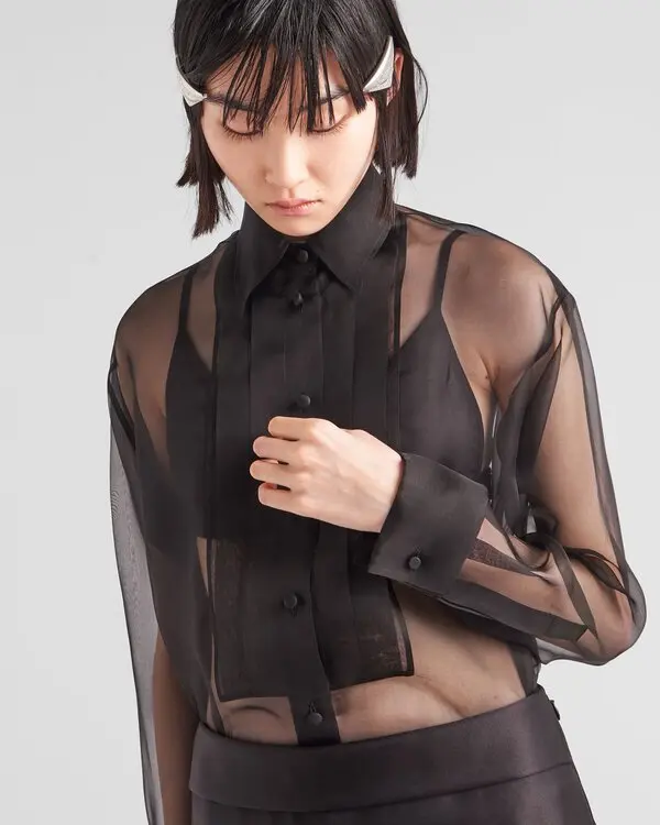 Prada Sheer Long-sleeve Shirt With Enameled Cufflinks