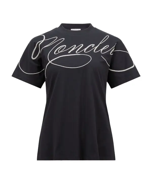 Moncler Embroidered Cursive Logo Cotton T-shirt - Navy Blue