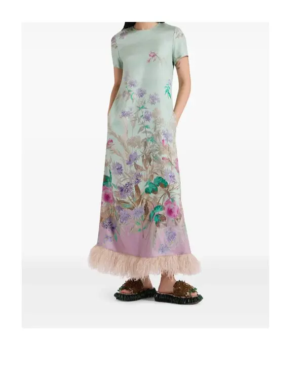 La DoubleJ Swing Midi Dress With Graphic Print And Feather Trim