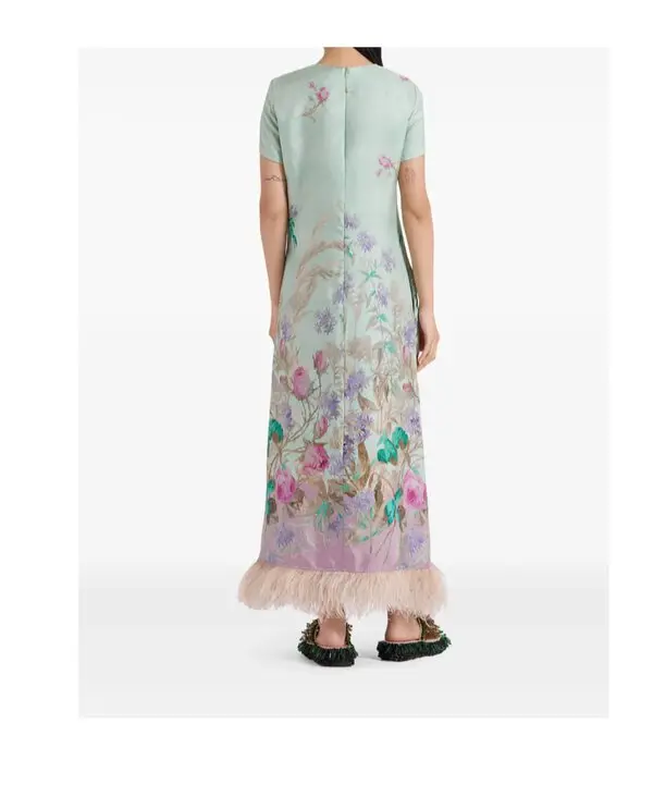 La DoubleJ Swing Midi Dress With Graphic Print And Feather Trim