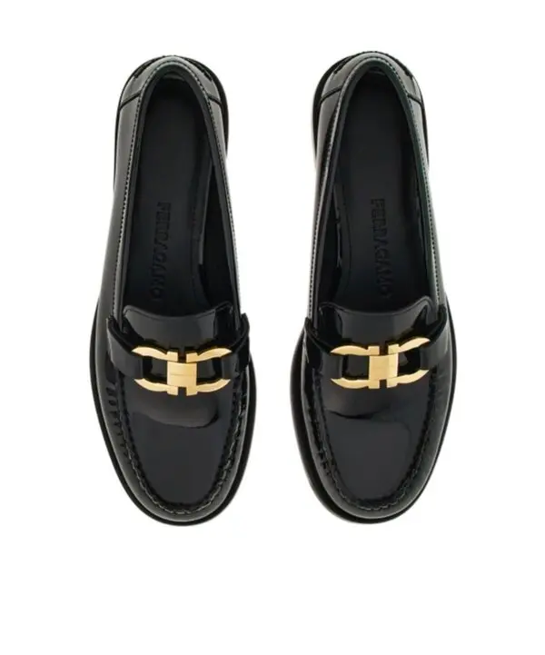FERRAGAMO Gancini Ornament Patent Leather Moccasins