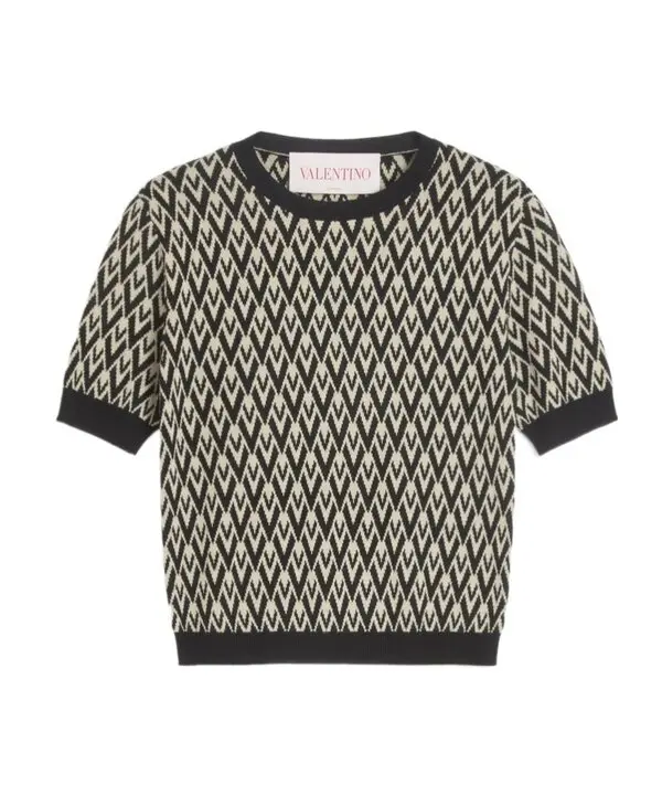 Valentino Garavani Jacquard Crewneck Jumper With Short Sleeves - Crema/black