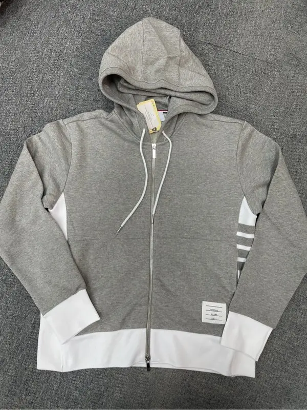 Thom Browne Zip-up Hoodie With Striped Details - Light Gray