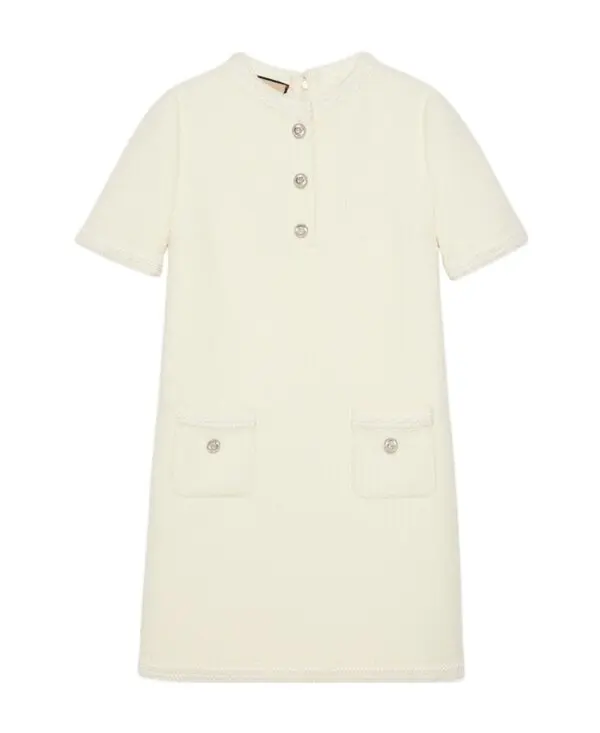 Gucci Short-sleeved Wool Tweed Dress With Interlocking G Button Detail - Ivory
