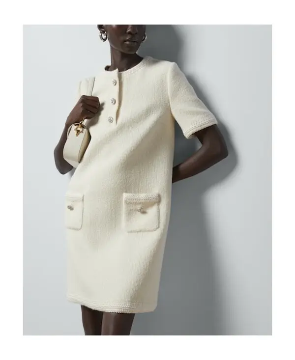 Gucci Short-sleeved Wool Tweed Dress With Interlocking G Button Detail