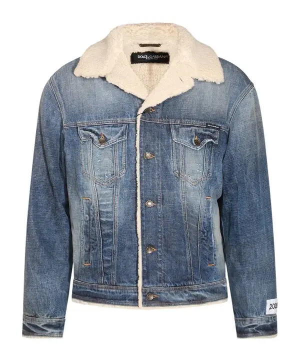 Dolce & Gabbana Distressed Denim Teddy Jacket With Embroidered Labels - Light Blue