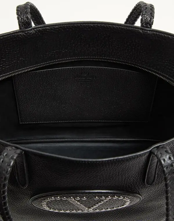 Valentino Garavani Grainy Calfskin Nellcôte Shopping Bag With Studded Vlogo - Nero