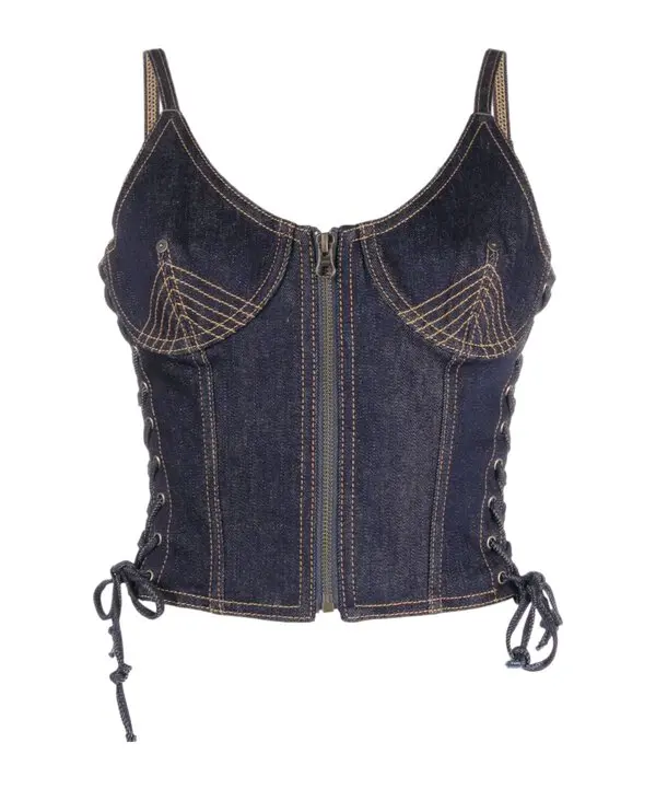 JEAN PAUL GAULTIER Denim Corset Top With Side Seam Ties - Black