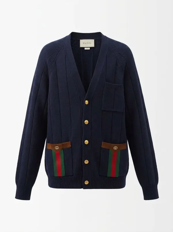 Gucci V-neck Knitted Cardigan With Web Detail - Dark Blue