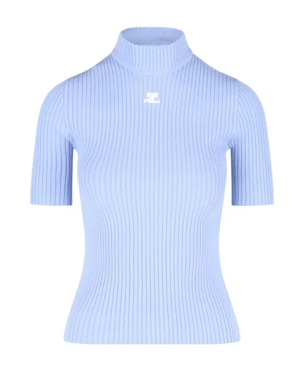 COURREGES Courrèges Ribbed High Neck Short Sleeve Jumper - Blue