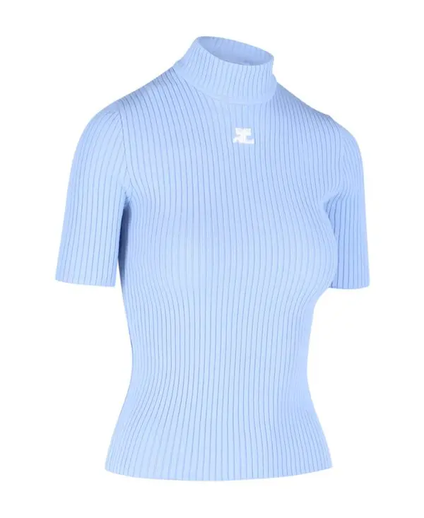 COURREGES Courrèges Ribbed High Neck Short Sleeve Jumper - Blue