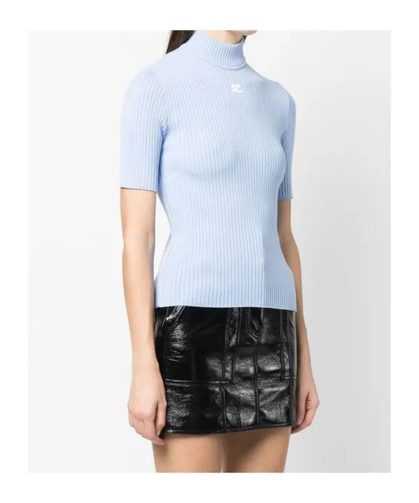 COURREGES Courrèges Ribbed High Neck Short Sleeve Jumper - Blue