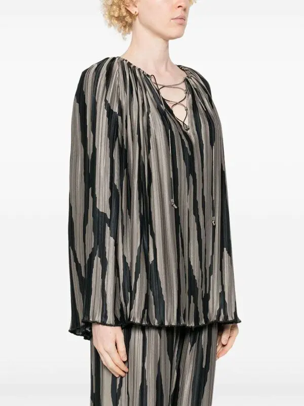 LANVIN Pleated Abstract Print Long Sleeve Blouse - Black