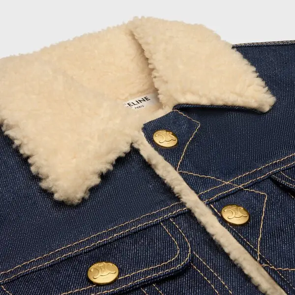 Celine Trucker Sherpa Jacket In Raw Wash Denim