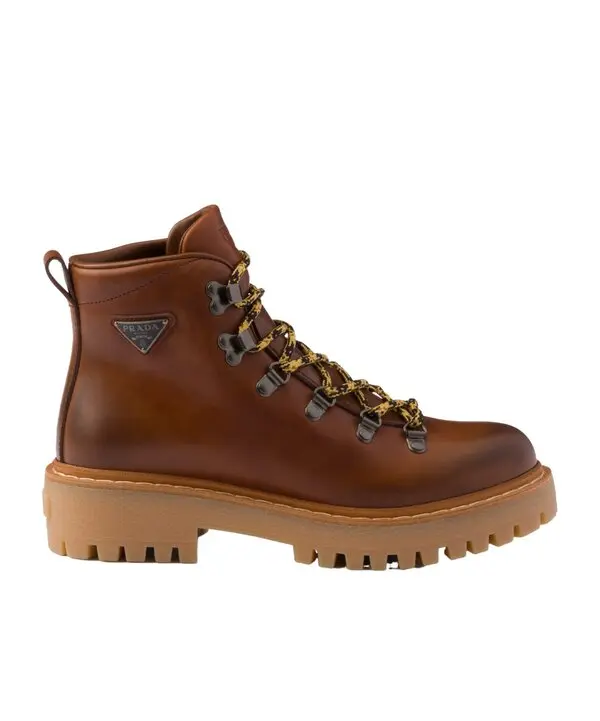 Prada Leather Laced Booties - Cognac