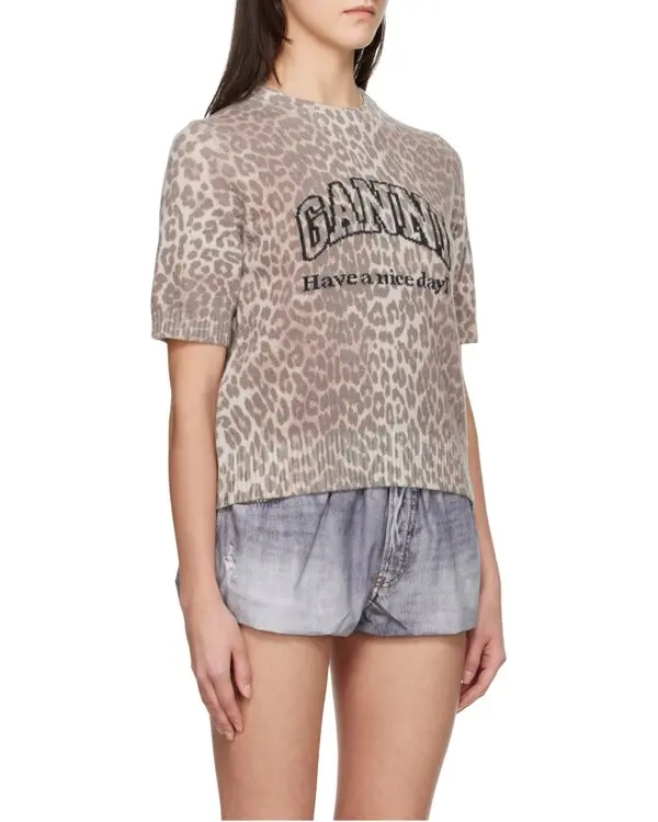 GANNI Leopard Print Crewneck T-shirt With "have A Nice Day!" Embroidery - Leopard Color