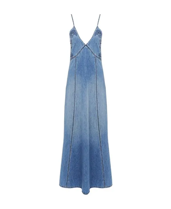 Chloé Maxi Denim Dress With V-neck - Fog Blue