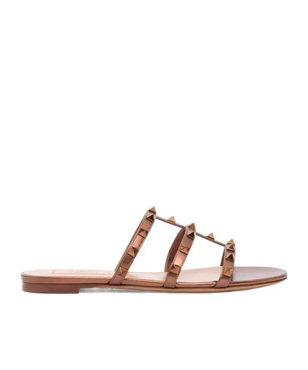 Valentino Garavani Rockstud Flat Metallic Nappa Slide Sandal - Brown