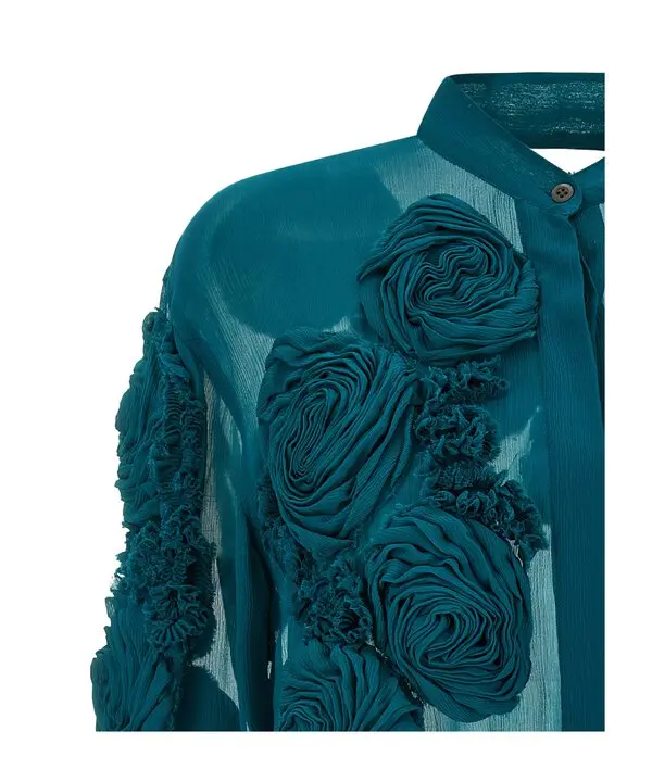 Dries Van Noten Sheer Floral Embellished Shirt - Blue
