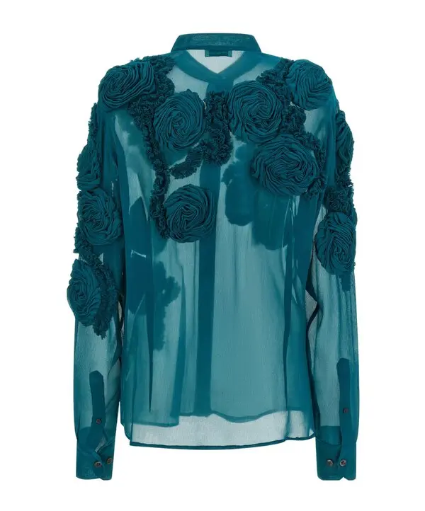 Dries Van Noten Sheer Floral Embellished Shirt - Blue