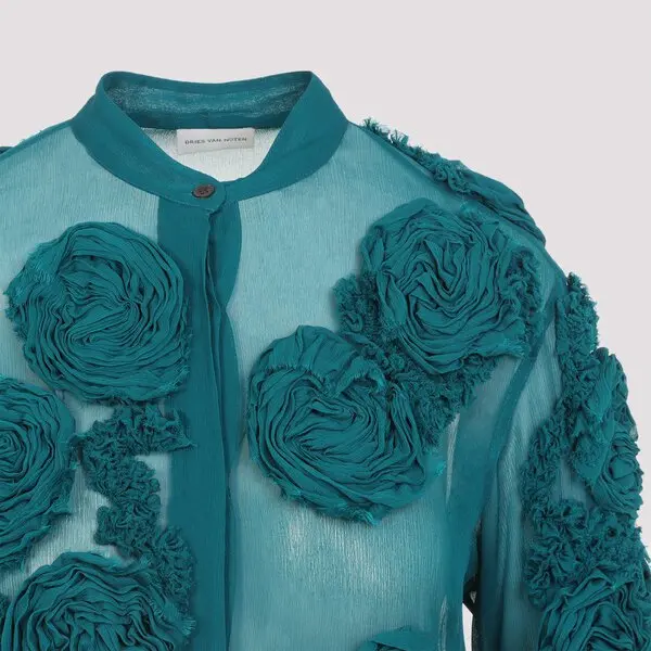 Dries Van Noten Sheer Floral Embellished Shirt - Blue
