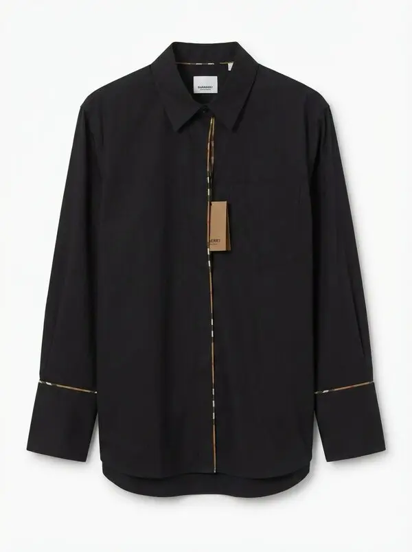 Burberry Stretch Cotton Shirt With Check Trim - Black