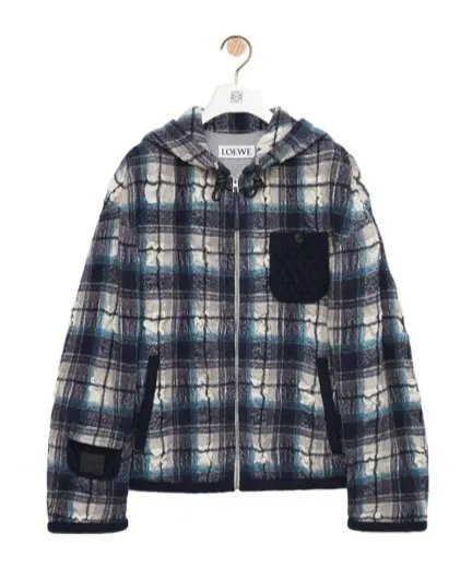 Loewe Hooded Jacket In Wool And Linen With Drawstring And Leather Patch - Navy Blue/white