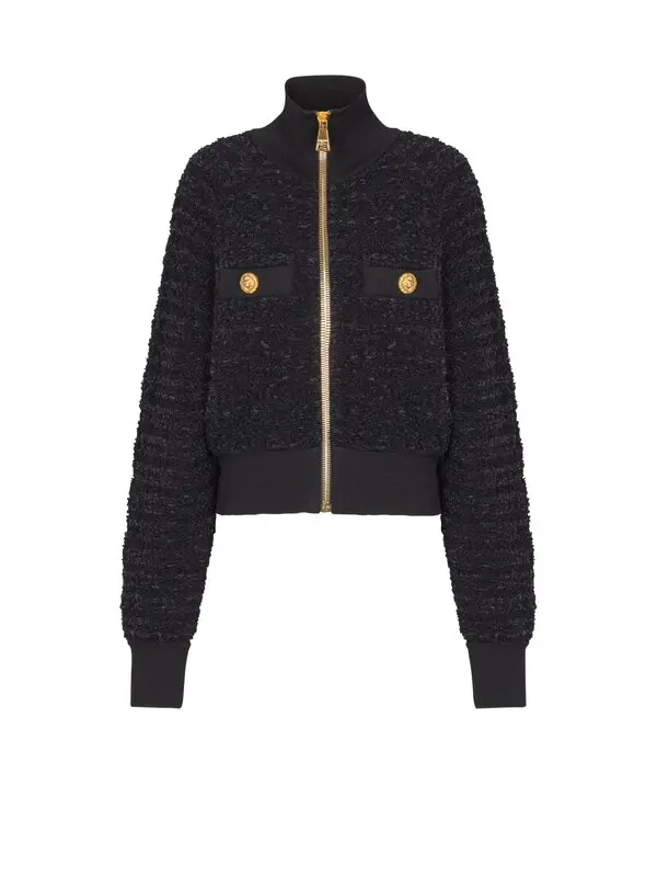 Balmain Tweed Bomber Jacket With Lion Head Buttons - Black