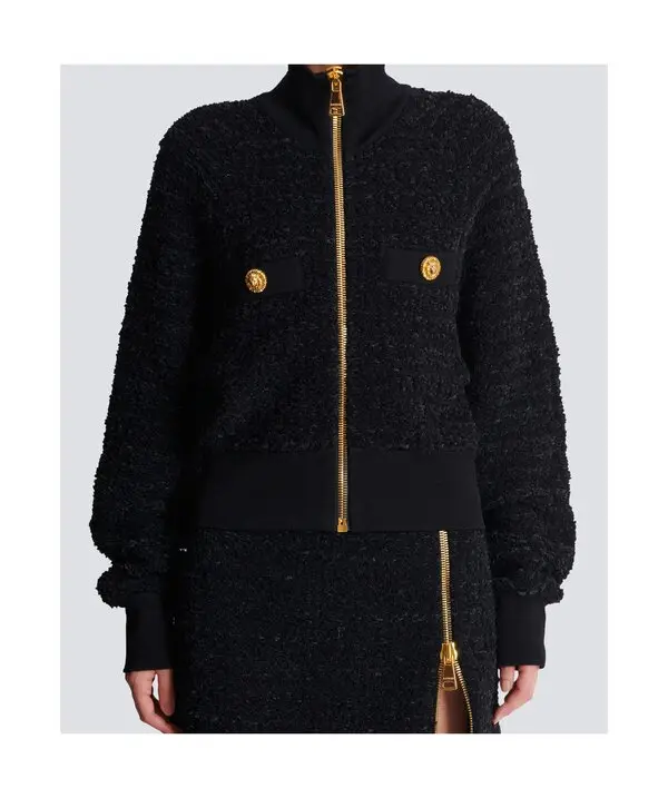 Balmain Tweed Bomber Jacket With Lion Head Buttons - Black