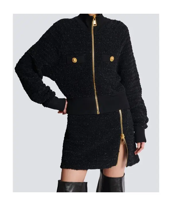 Balmain Tweed Bomber Jacket With Lion Head Buttons - Black