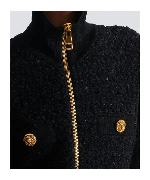 Balmain Tweed Bomber Jacket With Lion Head Buttons - Black