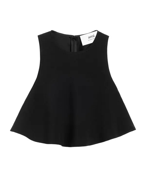 Ami Cropped Sleeveless Flared Top With Lotus Leaf Hem - Black
