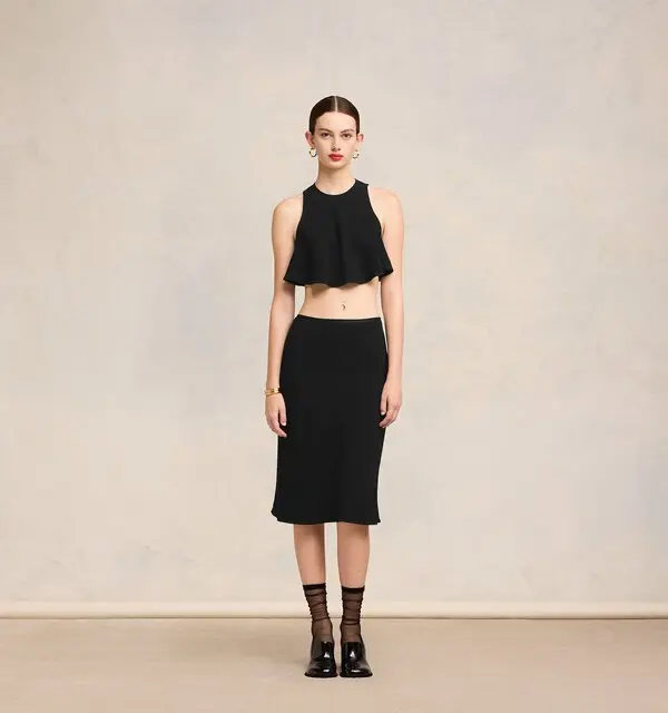 AMI Paris Cropped Sleeveless Flared Top With Lotus Leaf Hem - Black