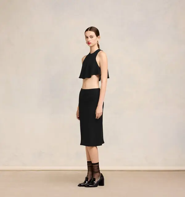 AMI Paris Cropped Sleeveless Flared Top With Lotus Leaf Hem - Black