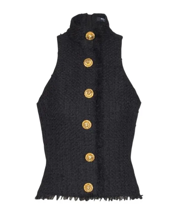 Balmain Button-down Backless Tweed Top